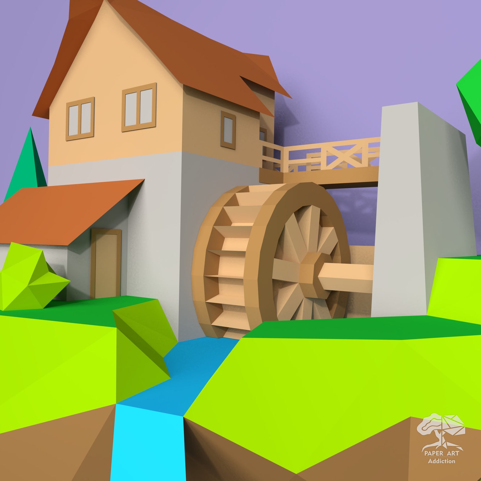 Watermill Island 3D Papercraft PDF Pattern/diy Low Poly Paper - Etsy