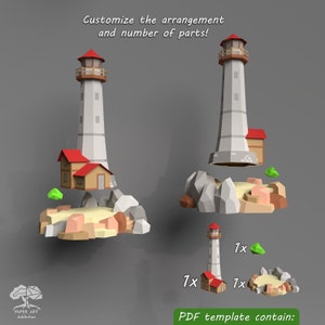 Lighthouse on Rocks 3D Papercraft PDF Pattern Template/ DIY Low Poly ...