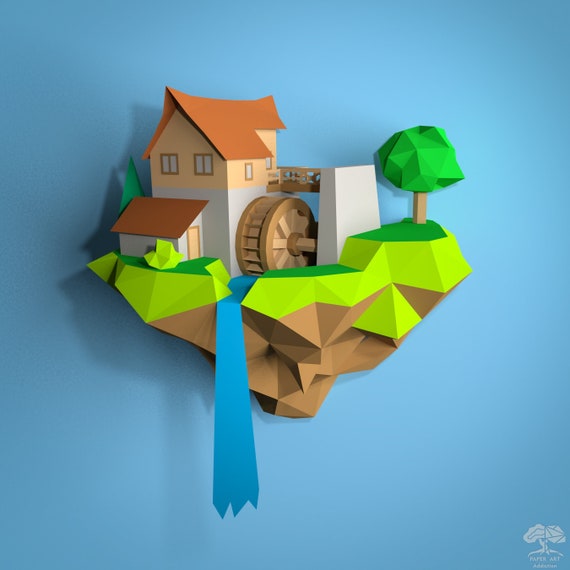 Papercraft Watermill island 3D papercraft PDF patternDIY Low poly Paper ...