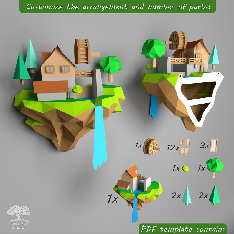 Watermill island 3D papercraft PDF pattern/DIY Low poly Paper | Etsy