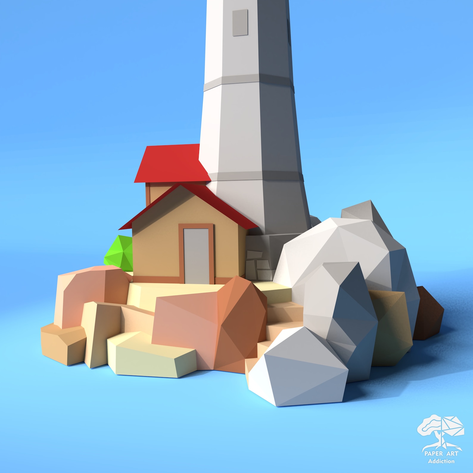 Lighthouse on Rocks 3D Papercraft PDF Pattern Template/ DIY Low Poly ...