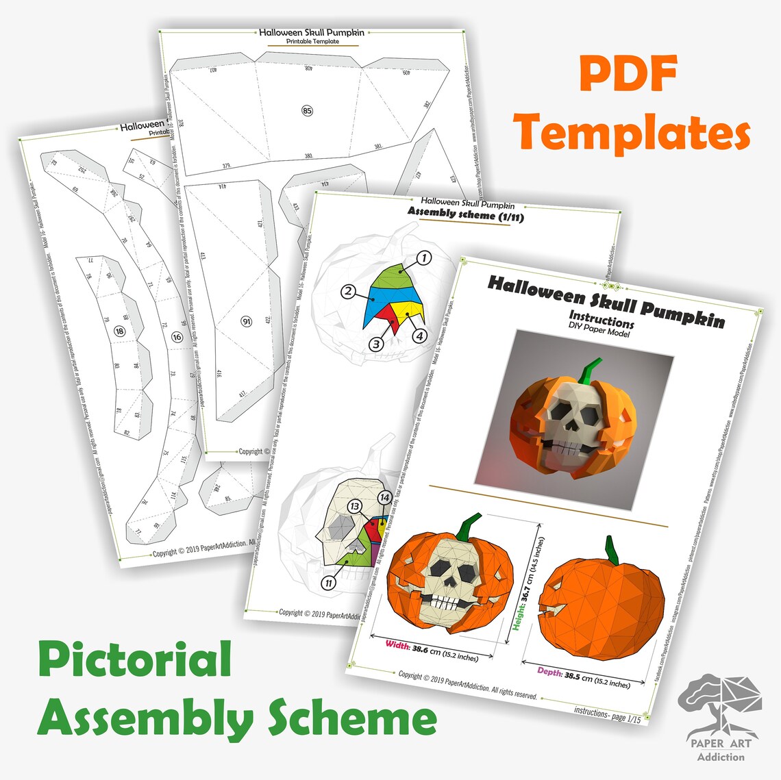 Skull Pumpkin 3D Papercraft PDF template/ DIY low poly | Etsy