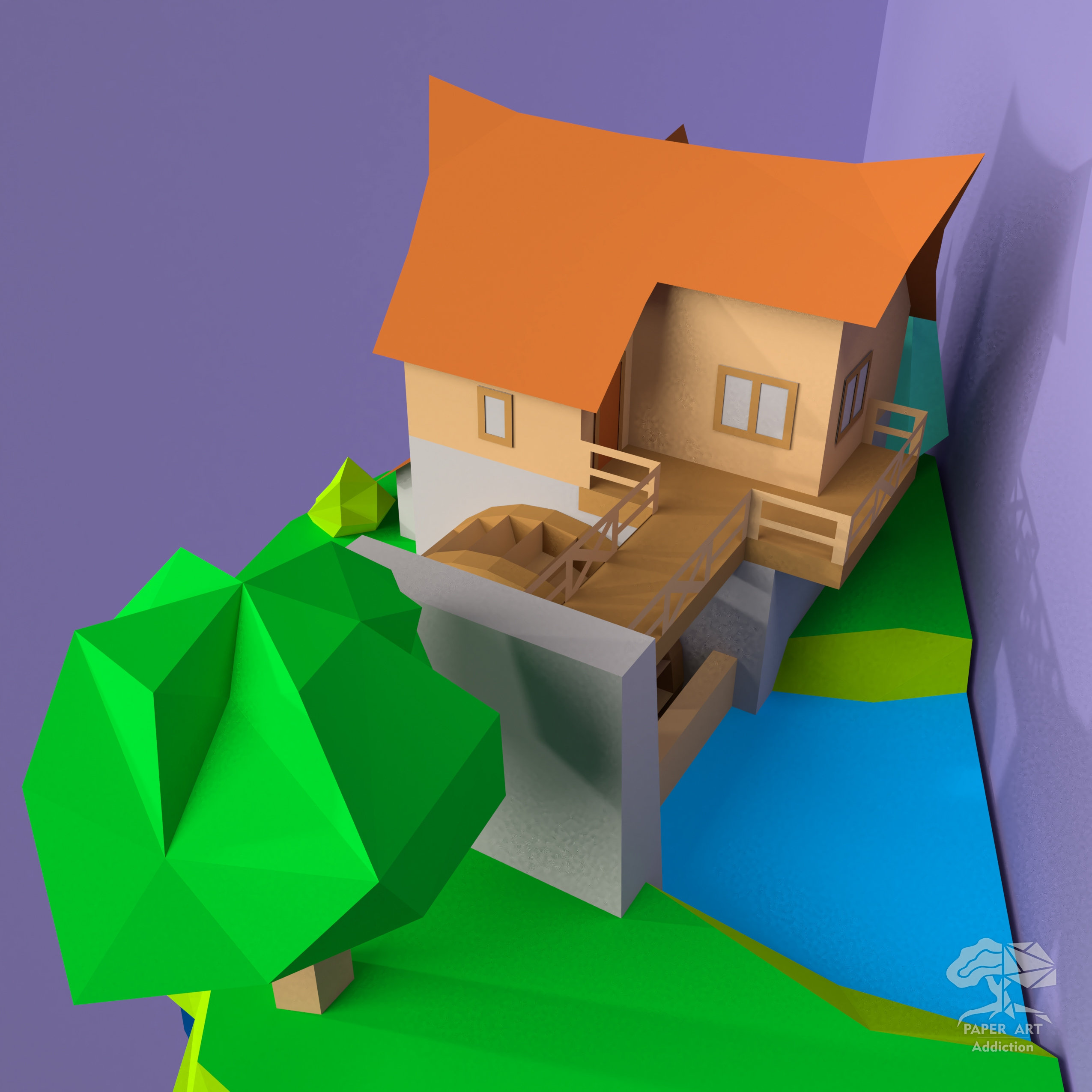 Watermill island 3D papercraft PDF pattern/DIY Low poly Paper | Etsy