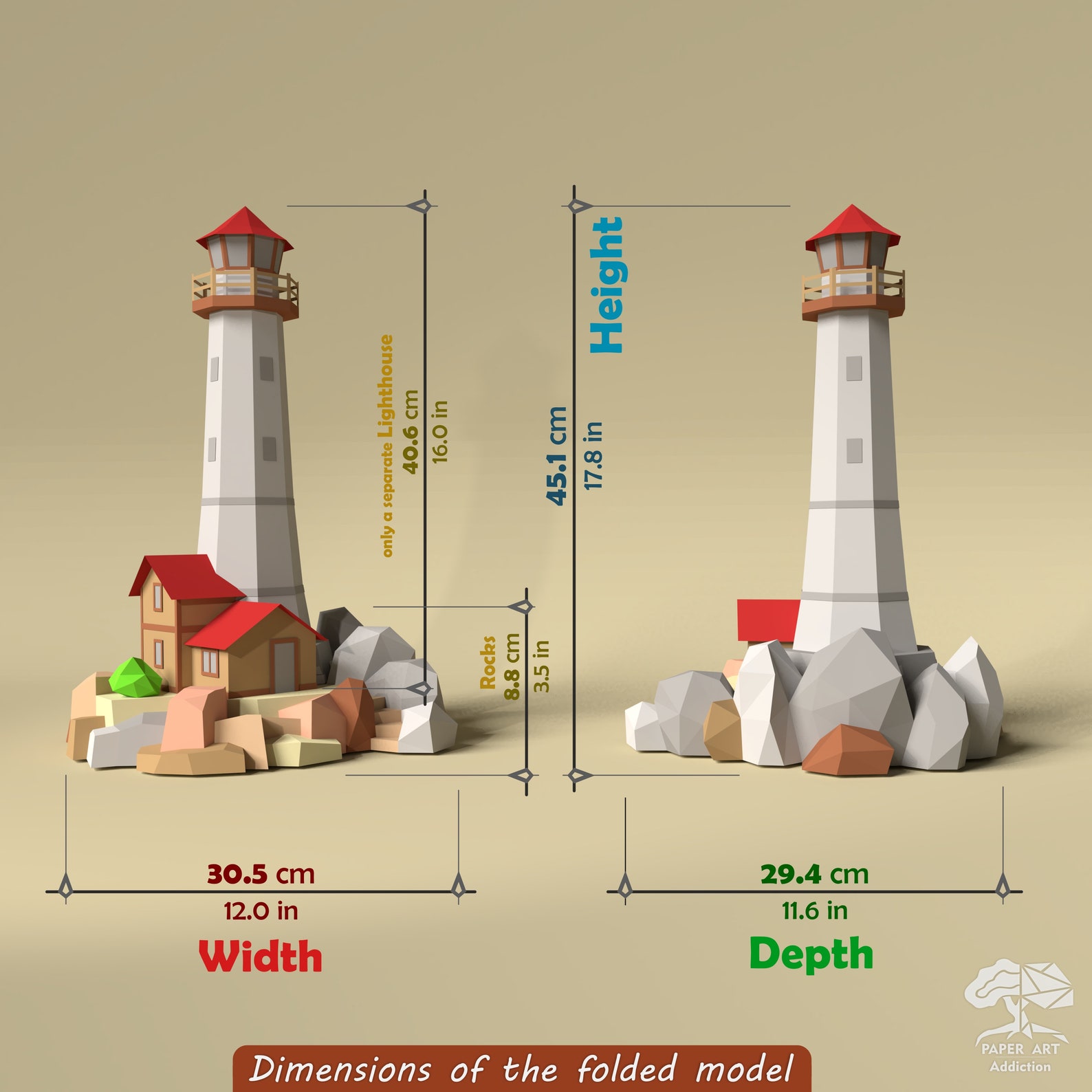 Lighthouse on Rocks 3D Papercraft PDF Pattern Template/ DIY Low Poly ...