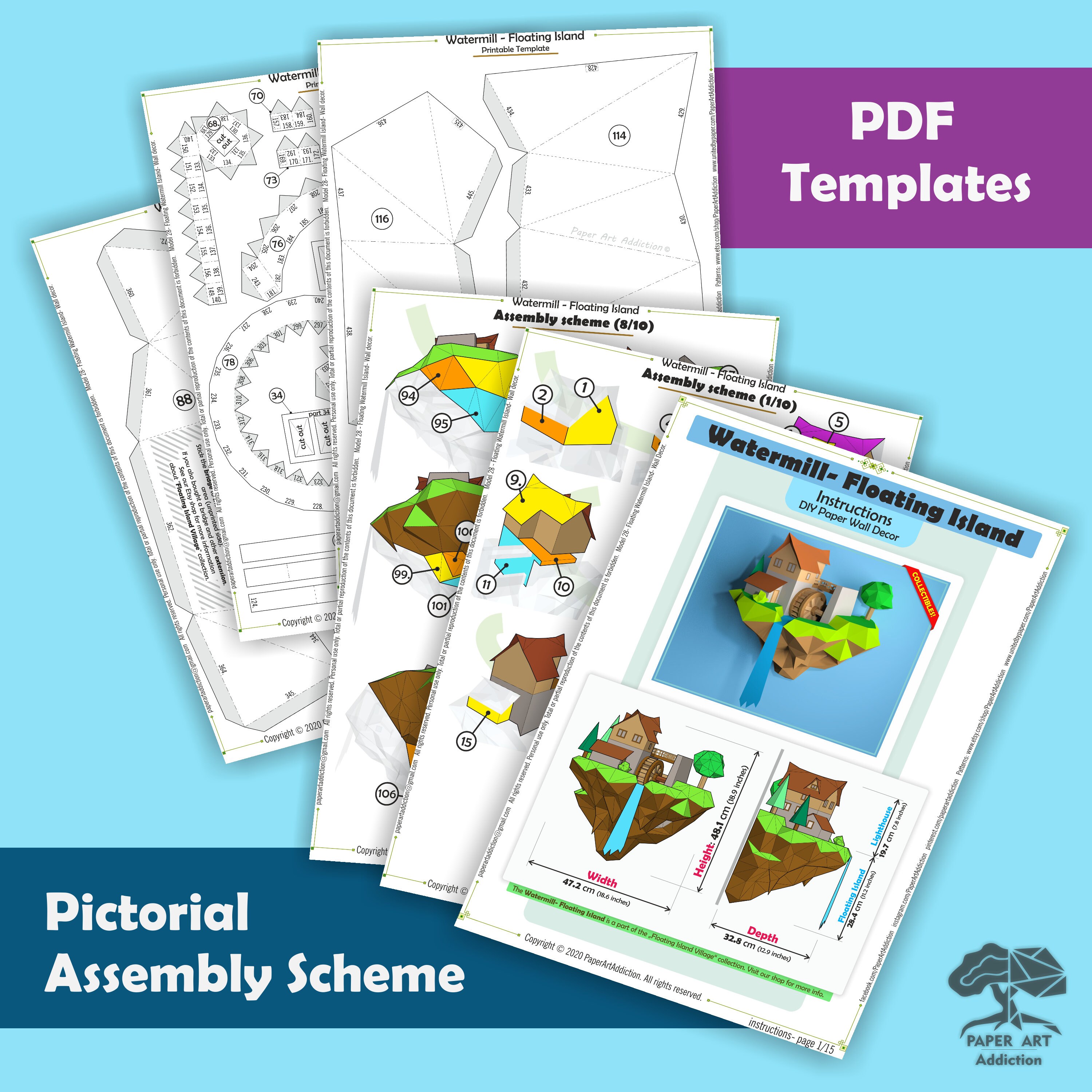 Watermill island 3D papercraft PDF pattern/DIY Low poly Paper | Etsy