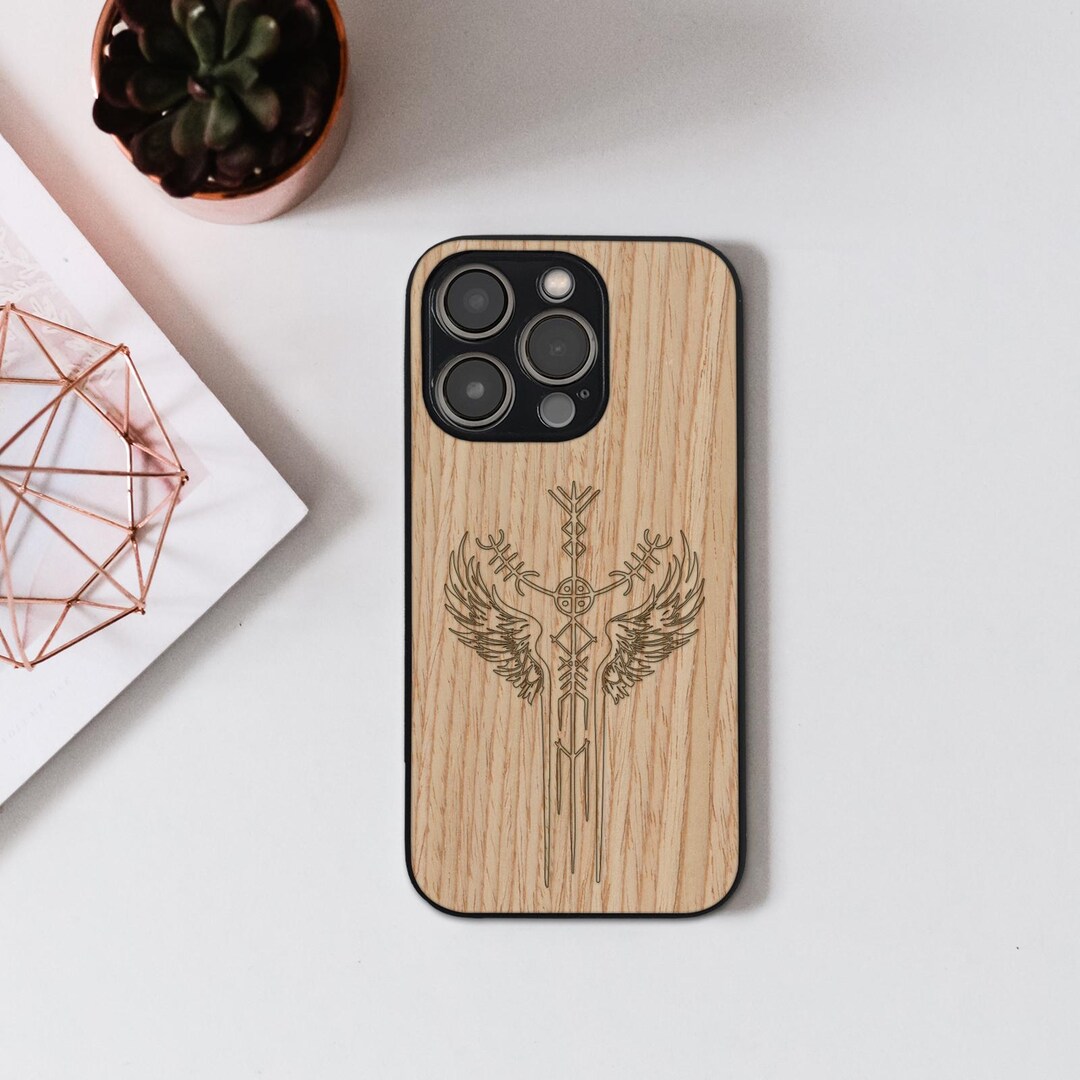 Real Wooden iPhone Case, Winged Deer Symbol Wood Phone Cover, Engraved ...