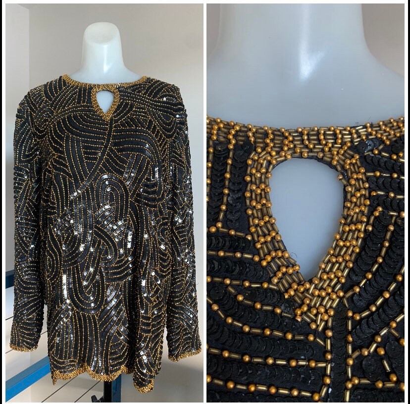 Vintage Black and Gold Keyhole Sequin Top - Etsy