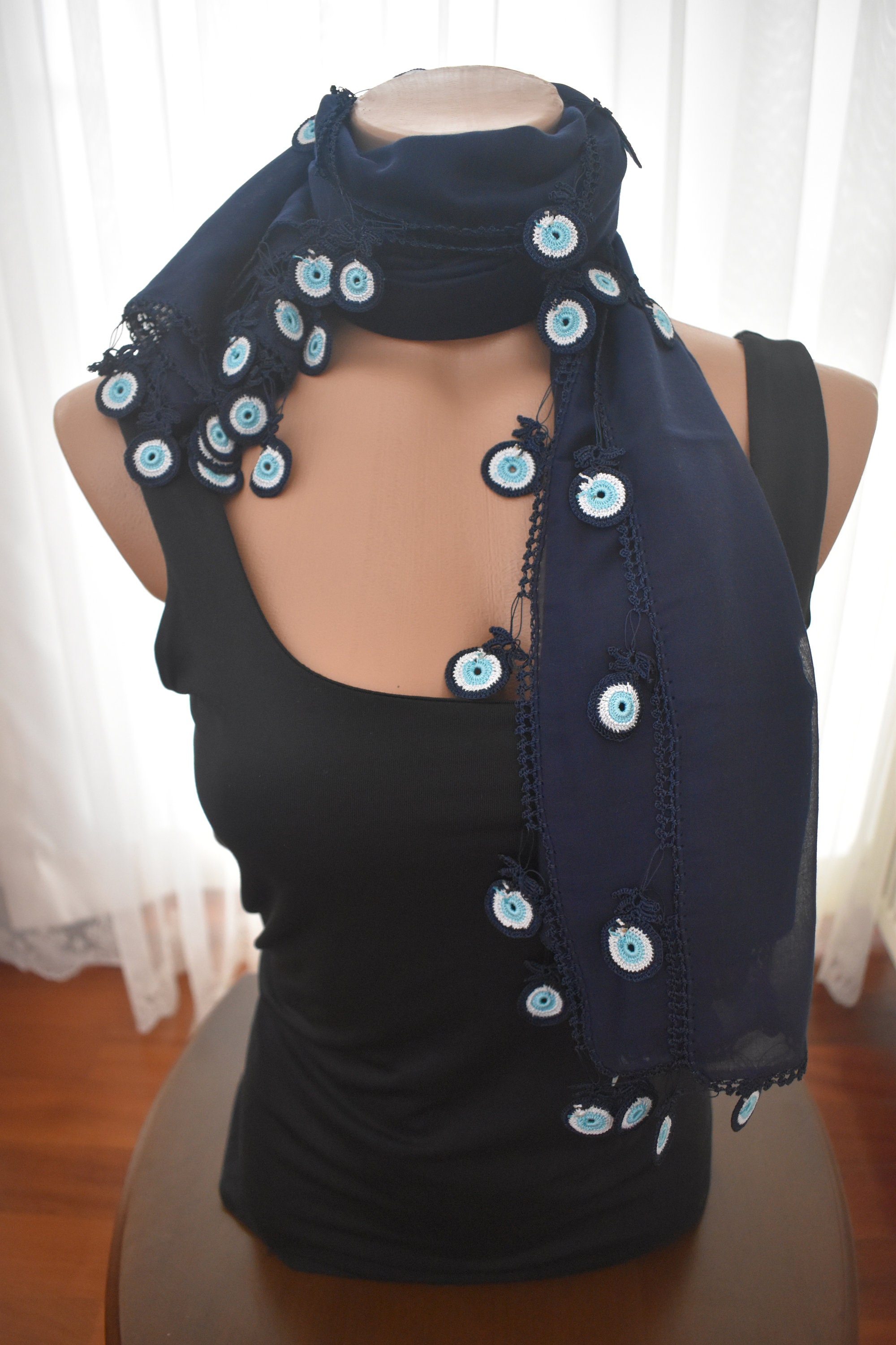 Evileye, Navy Blue Cotton Scarf, Evil Eye Art, Greek Evil Eye Scarf ...