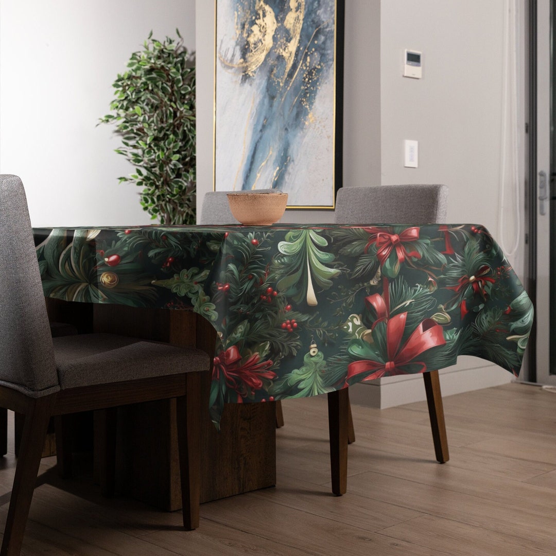 Exquisite Christmas Ribbon and Pines Design Tablecloth - Holiday ...