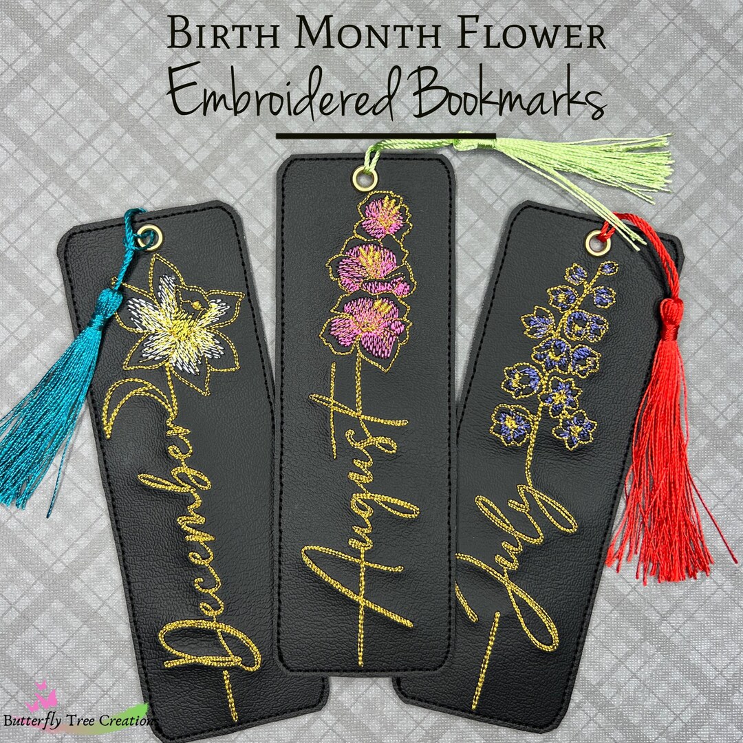 Floral Bookmarks: Embroidered Birth Flower, Vegan Friendly Faux Leather ...