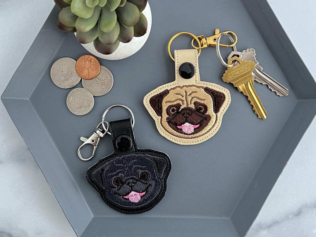 Pug Dog Embroidered Keychain, Gift for Dog Lover, Snap Tab Key Fob or ...