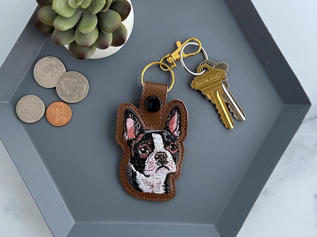 Realistic Boston Terrier Keychain: Embroidered Key Fob, Bag or Purse ...