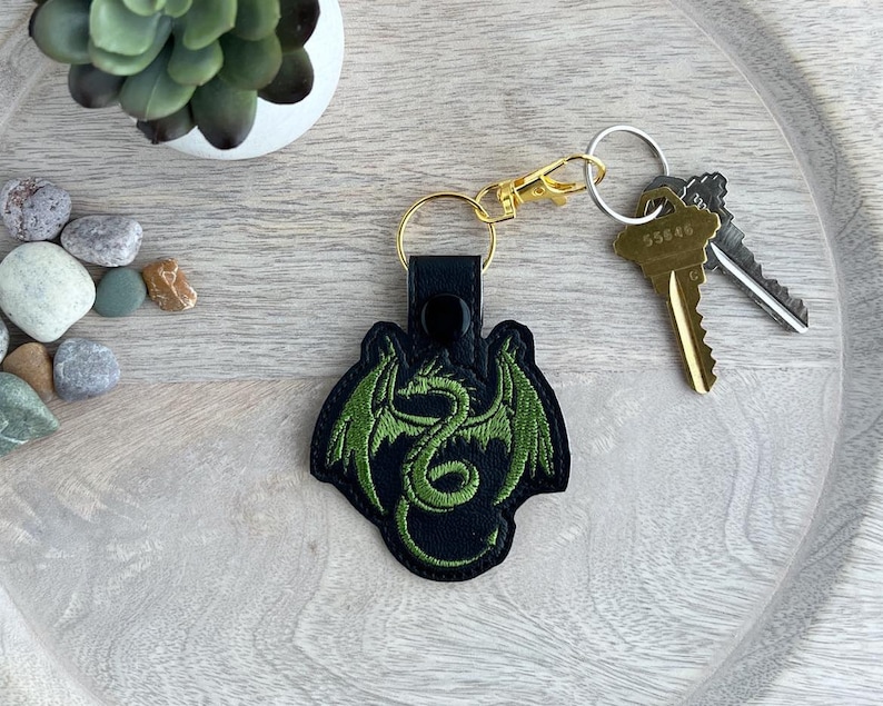 Embroidered Dragon Keychain : Winged Dragon Silhouette Key Fob or Bag ...