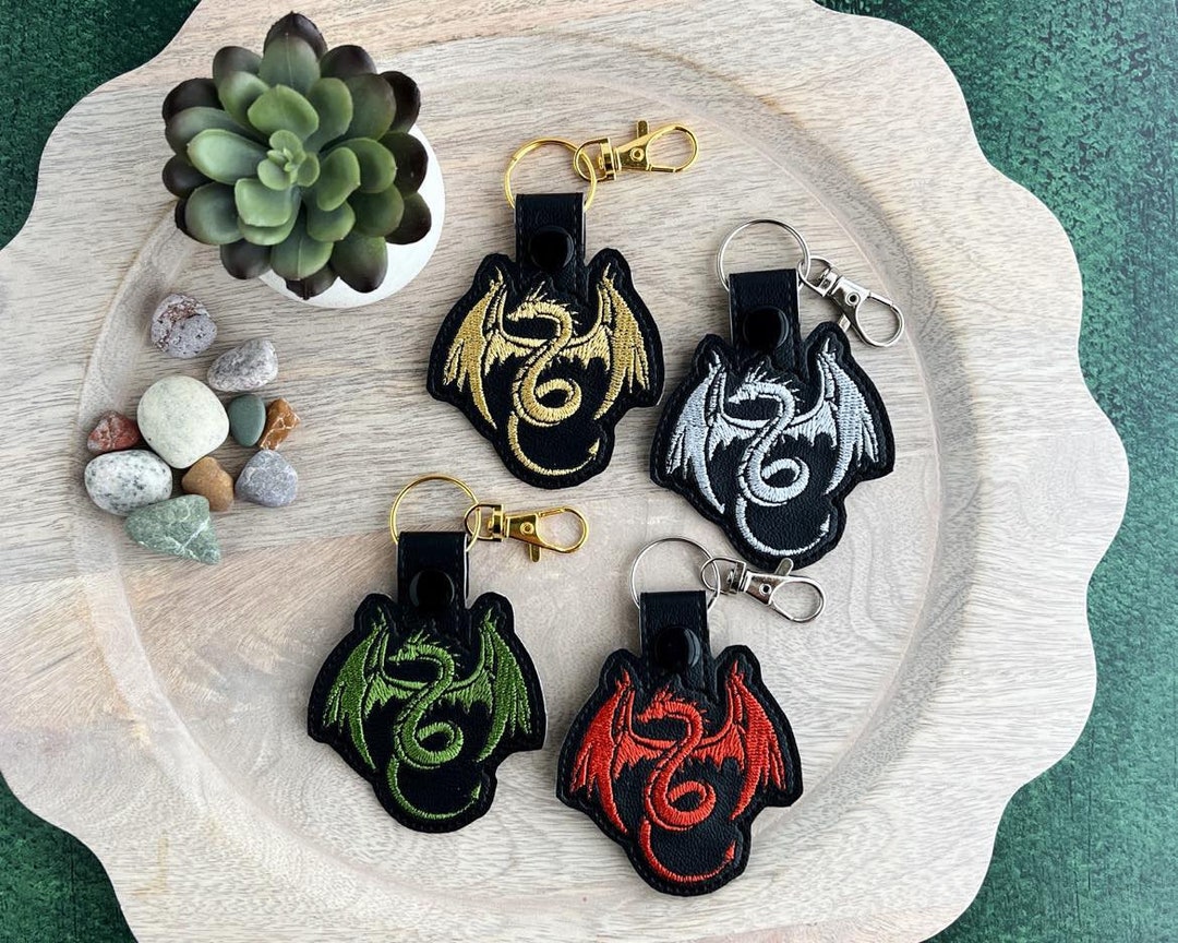 Embroidered Dragon Keychain : Winged Dragon Silhouette Key Fob or Bag ...