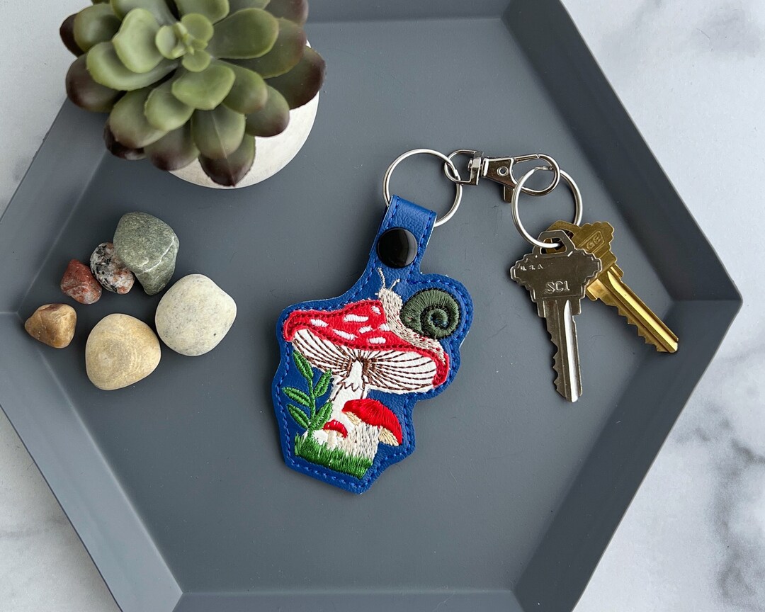 Embroidered Mushroom Snail Keychain, Fairy Garden Key Fob or Bag Charm ...
