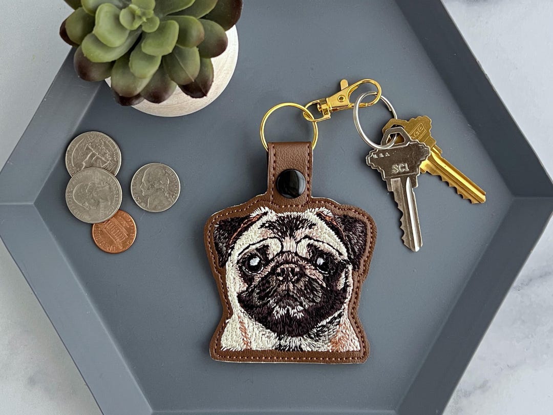 Realistic Pug Keychain: Embroidered Faux Leather Key Fob or Bag Charm ...