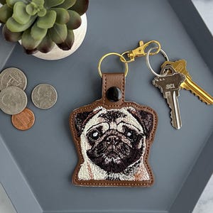 Realistic Pug Keychain: Embroidered Faux Leather Key Fob or Bag Charm ...
