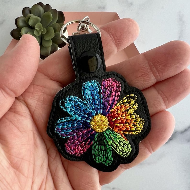 Rainbow Daisy Flower Keychain: Embroidered Key Fob or Bag Charm - Etsy
