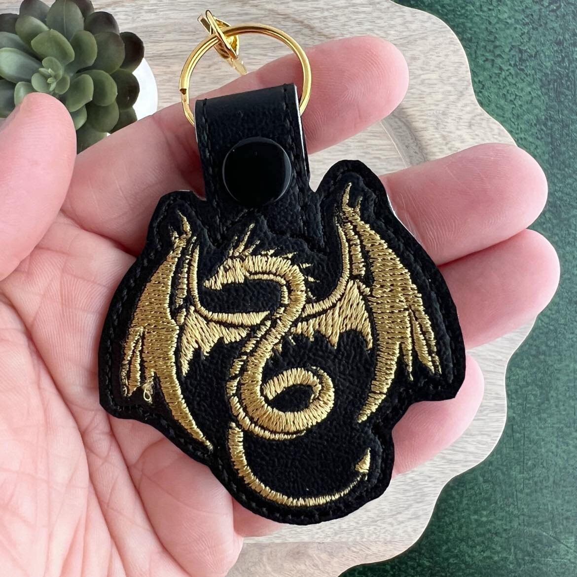 Embroidered Dragon Keychain : Winged Dragon Silhouette Key Fob or Bag ...