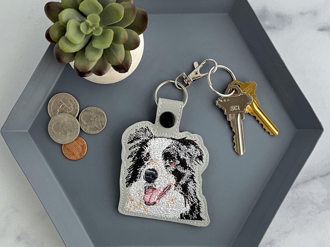 Realistic Border Collie Dog Embroidered Faux Leather Snap Tab Keychain ...