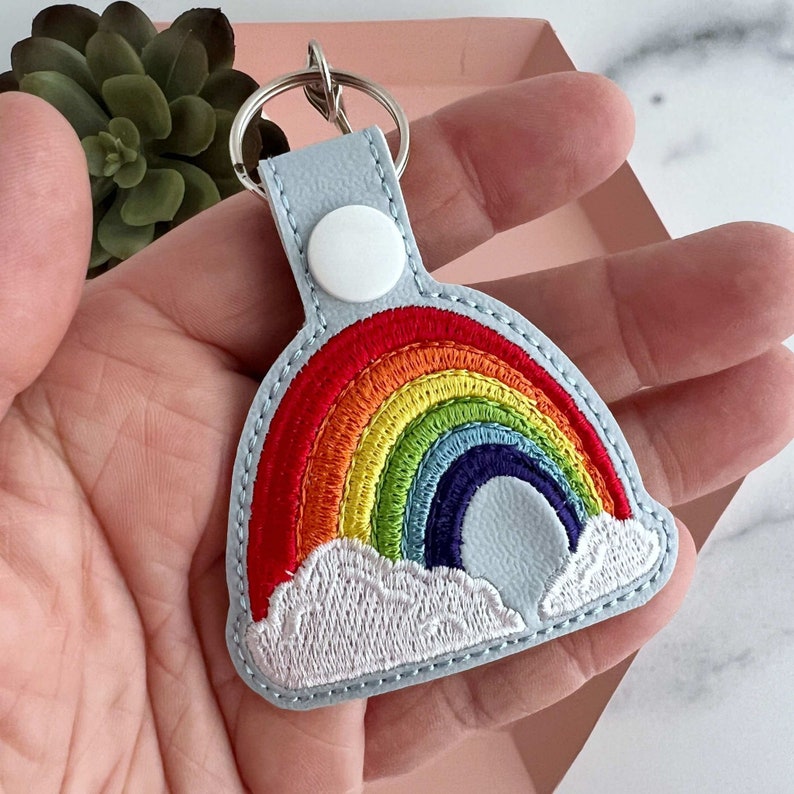 Rainbow Clouds Keychain, Embroidered Faux Leather Key Fob or Bag Charm ...