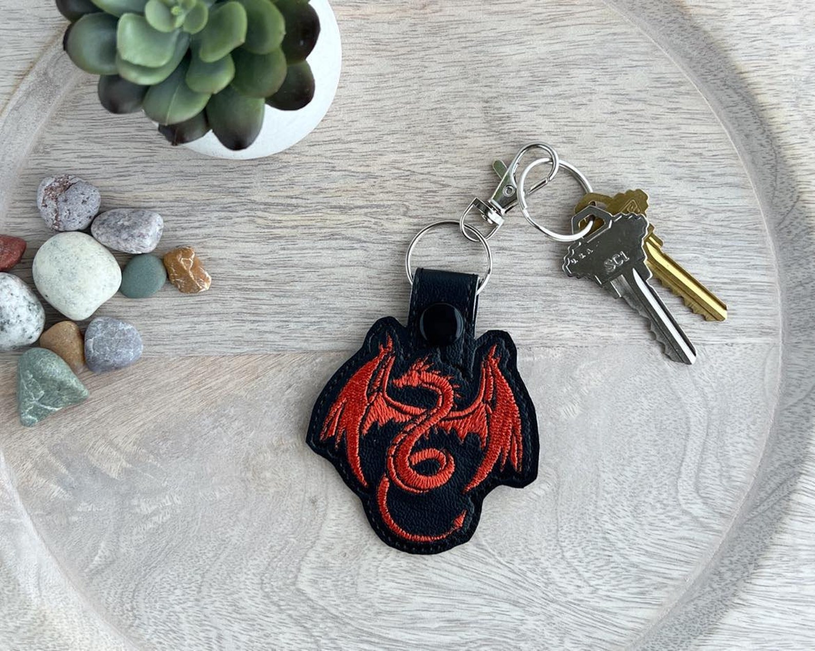Embroidered Dragon Keychain : Winged Dragon Silhouette Key Fob or Bag ...