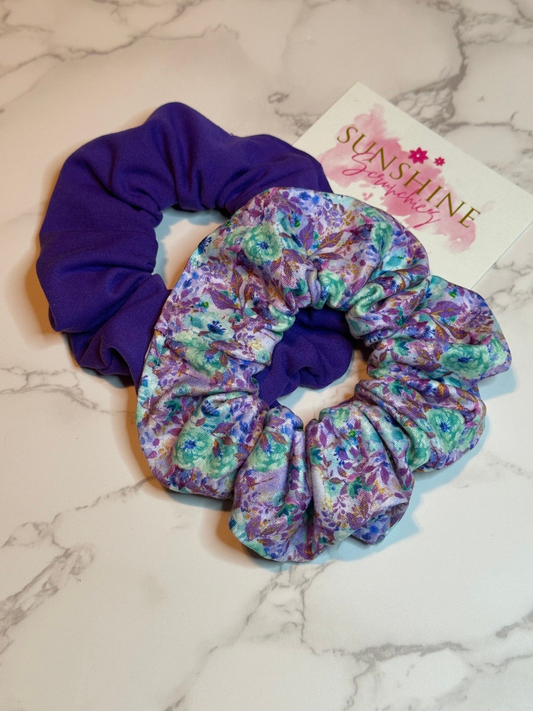 Purple Floral Scrunchie Set: Teal & Solid Color Hair Ties - Etsy