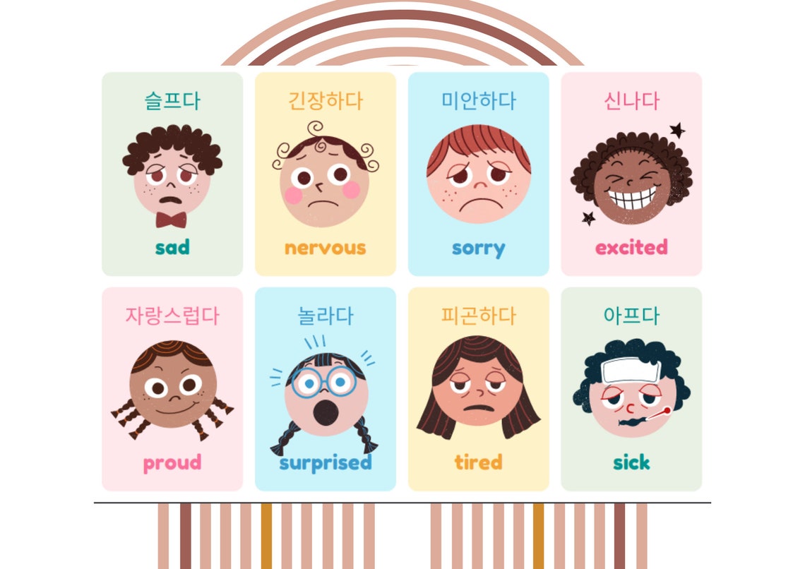 Printable Illustrated Korean Mood Emotions Flashcards, Hangul ...