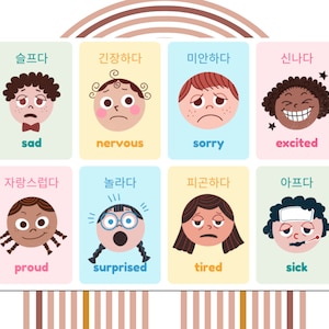 Printable Illustrated Korean Mood Emotions Flashcards, Hangul ...