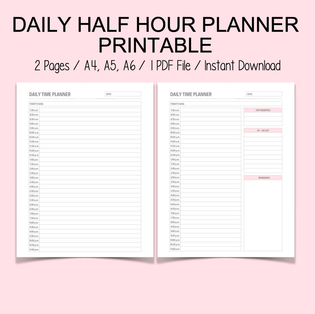 Daily Half Hour Schedule Planner Printable/ A4 A5 A6 Document / Agenda ...
