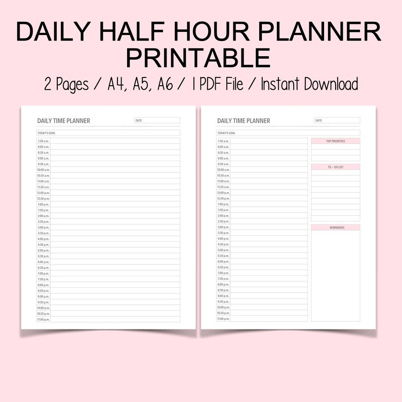 Daily Half Hour Schedule Planner Printable A4 A5 A6 Document Etsy