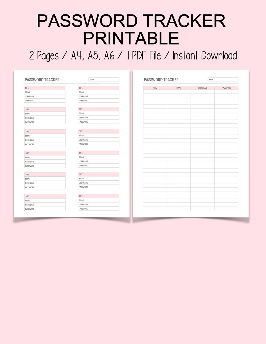 Password Tracker for Personal Planner Printable /A4 A5 A6 Document ...