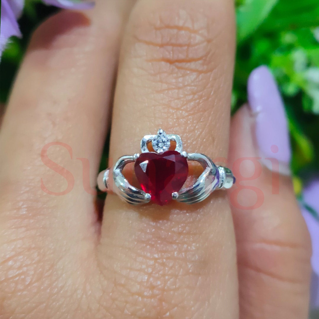1.80 Ct Heart Cut Red Sapphire Irish Claddagh Wedding Engagement Ring ...