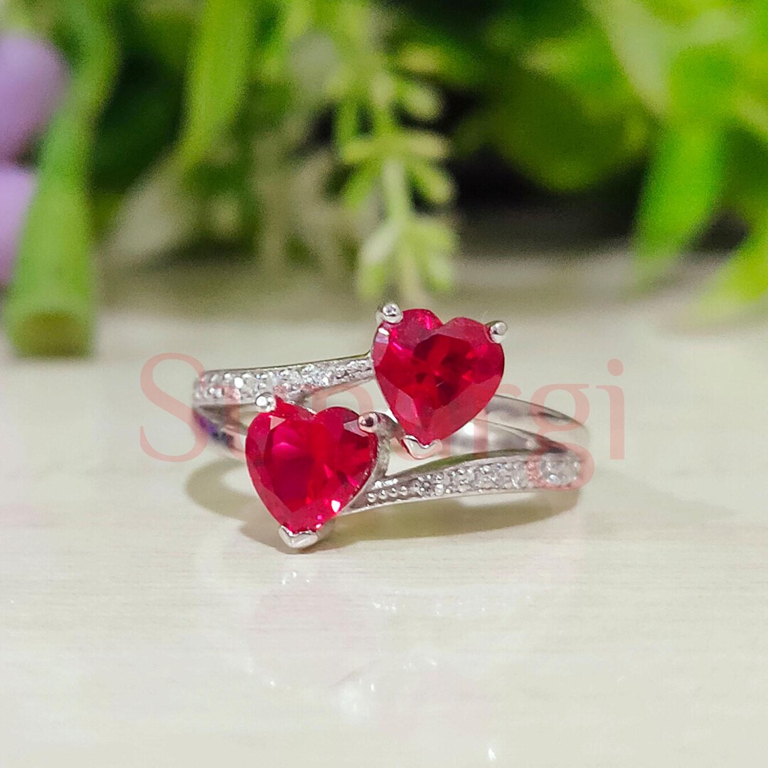 Two Stone Wedding Ring, 3 CT Heart Cut Ruby Red Pink Sapphire Double ...