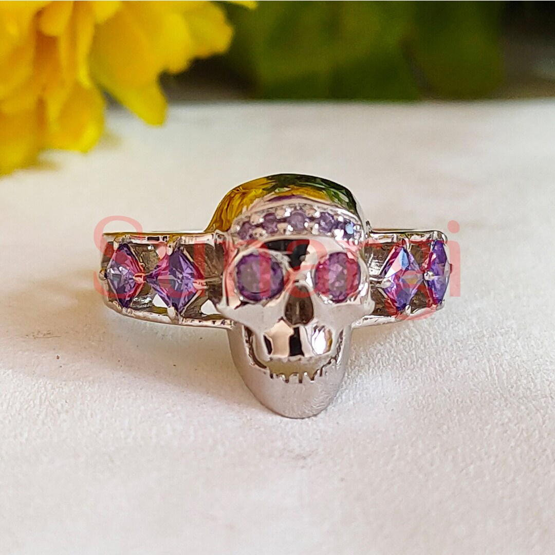 Skull Face Ring, Gothic Engagement Ring, 1.10 Ct Round & Princess Cut ...
