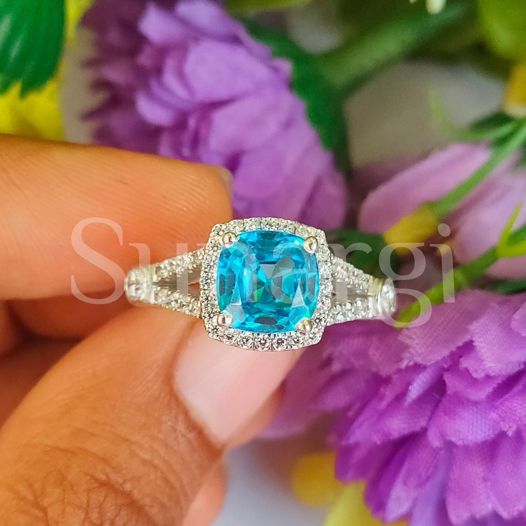 2.5 CT Cushion Cut Aqua Blue Sapphire, Solitaire Wedding Engagement ...