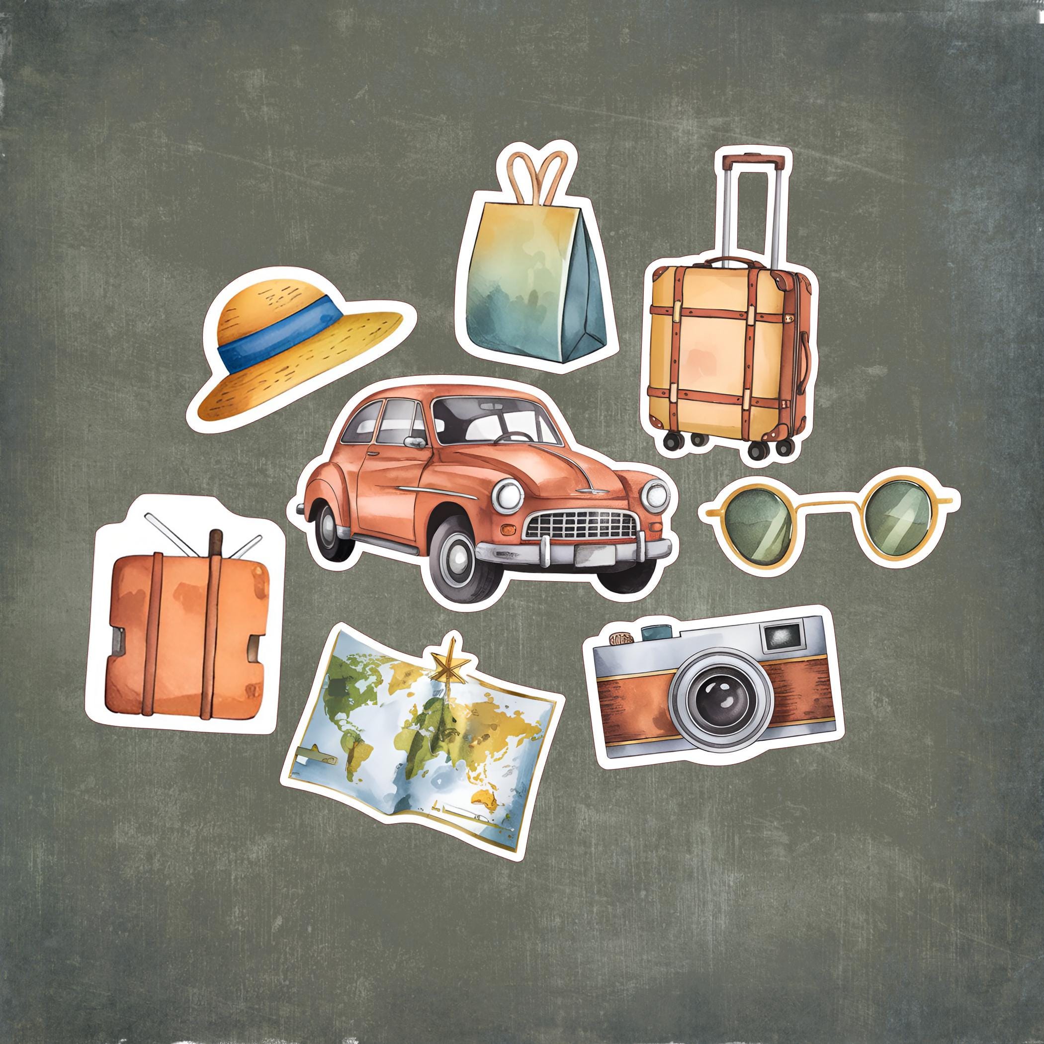 Watercolor Adventure Travel Sticker Set of 8, Love Bug Car, Suitcase ...