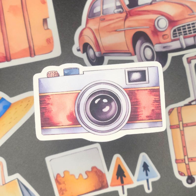Watercolor Adventure Travel Sticker Set of 8, Love Bug Car, Suitcase ...