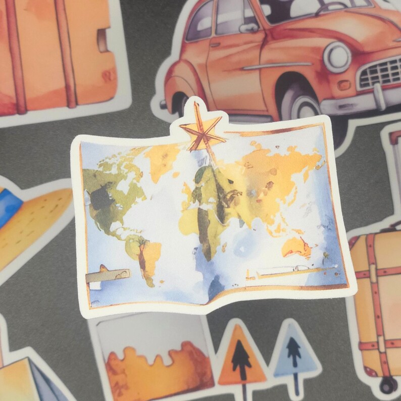 Watercolor Adventure Travel Sticker Set of 8, Love Bug Car, Suitcase ...