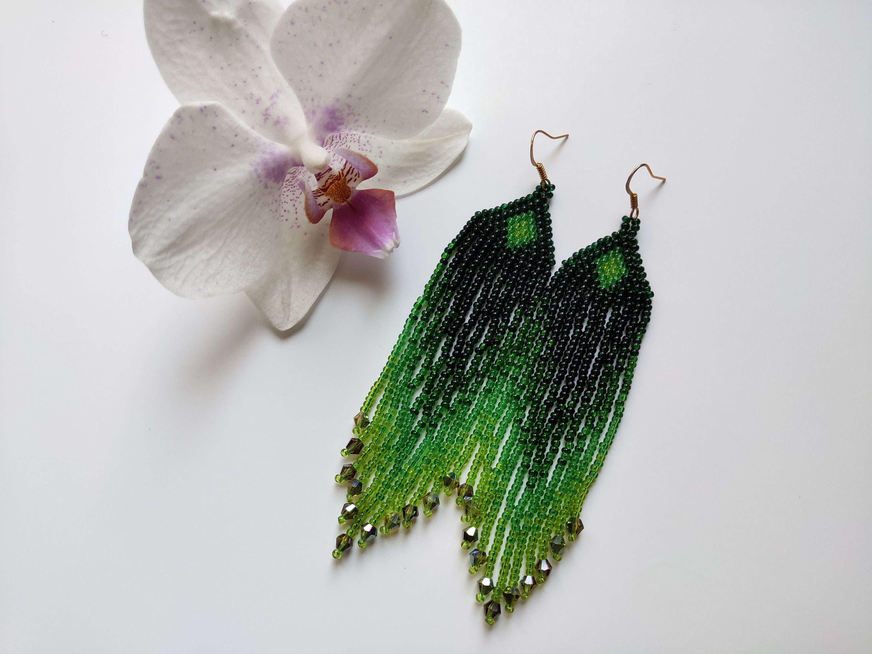 Green Bead Earrings, Long Seed Gradient, Long Ombre Earrings, Beaded ...