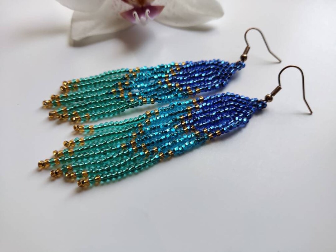 Pendientes de cuentas azules, esmeraldas y doradas, Pendientes largos ...