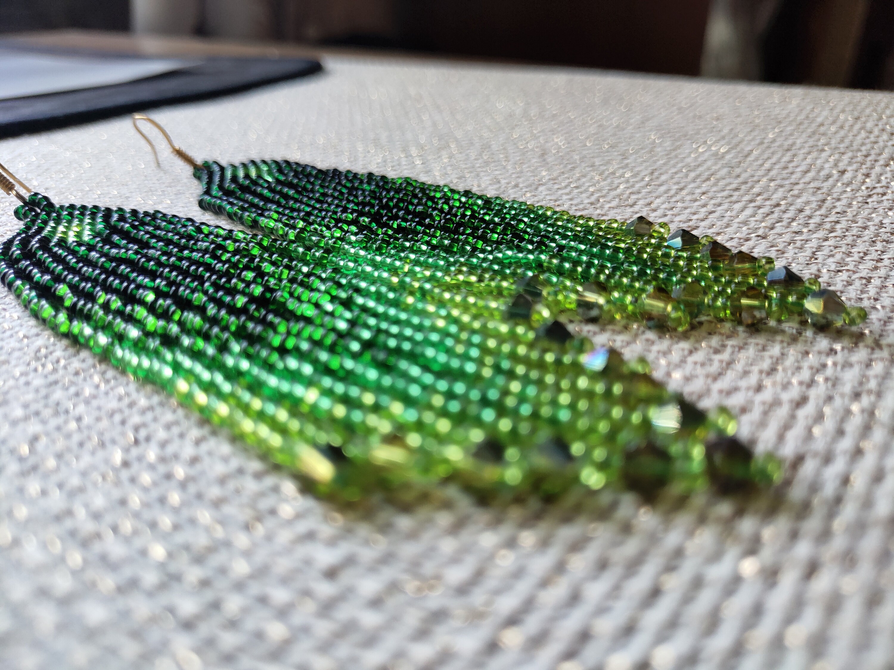 Green Bead Earrings, Long Seed Gradient, Long Ombre Earrings, Beaded ...