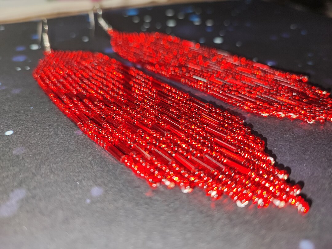 Extra Long Red Beaded Fringe Earrings, Ombre Beadwork - Etsy