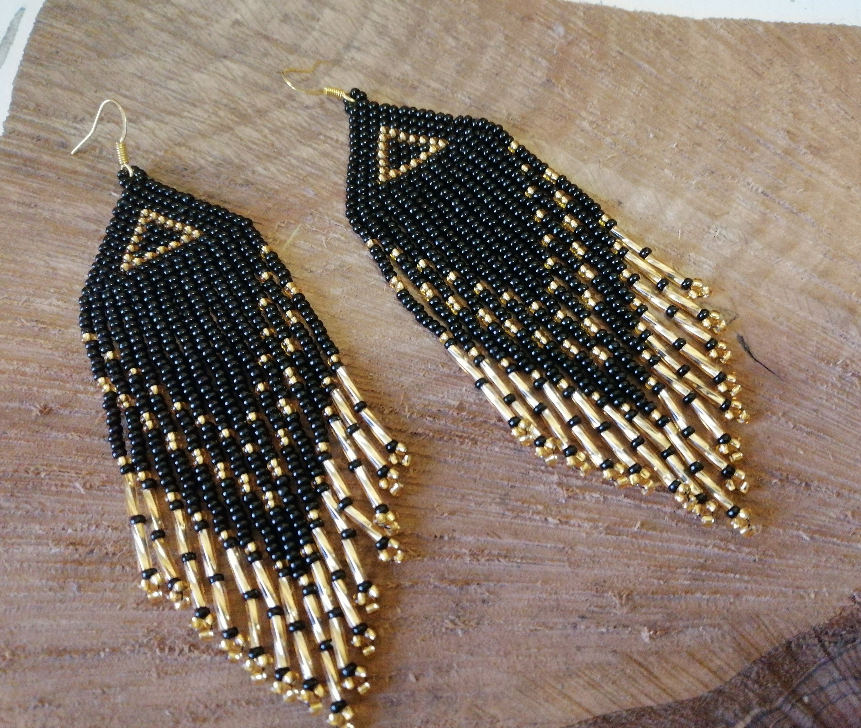 Black and Gold Bead Earrings, Long Seed Gradient, Geometric Earrings ...
