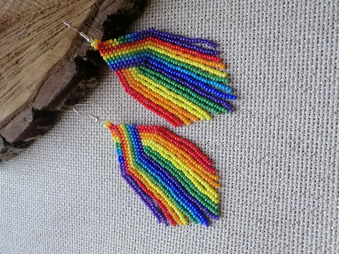 Rainbow Bead Earrings, Long Seed Gradient, Geometric Earrings, Beaded ...