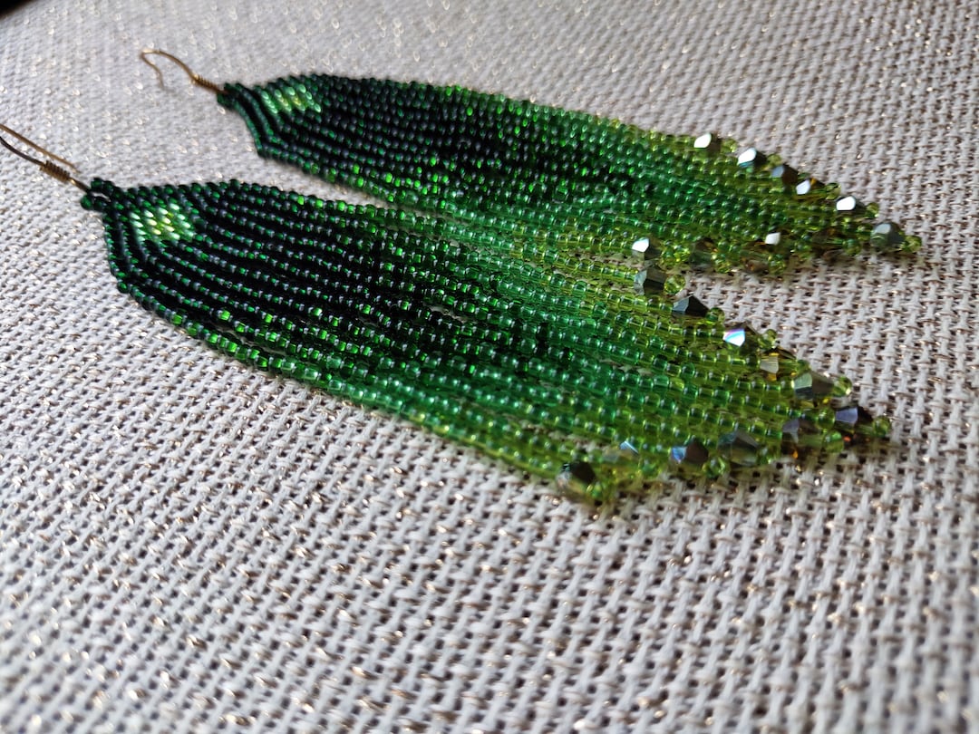 Long Green Ombre Seed Bead Earrings, Fringe Earrings - Etsy