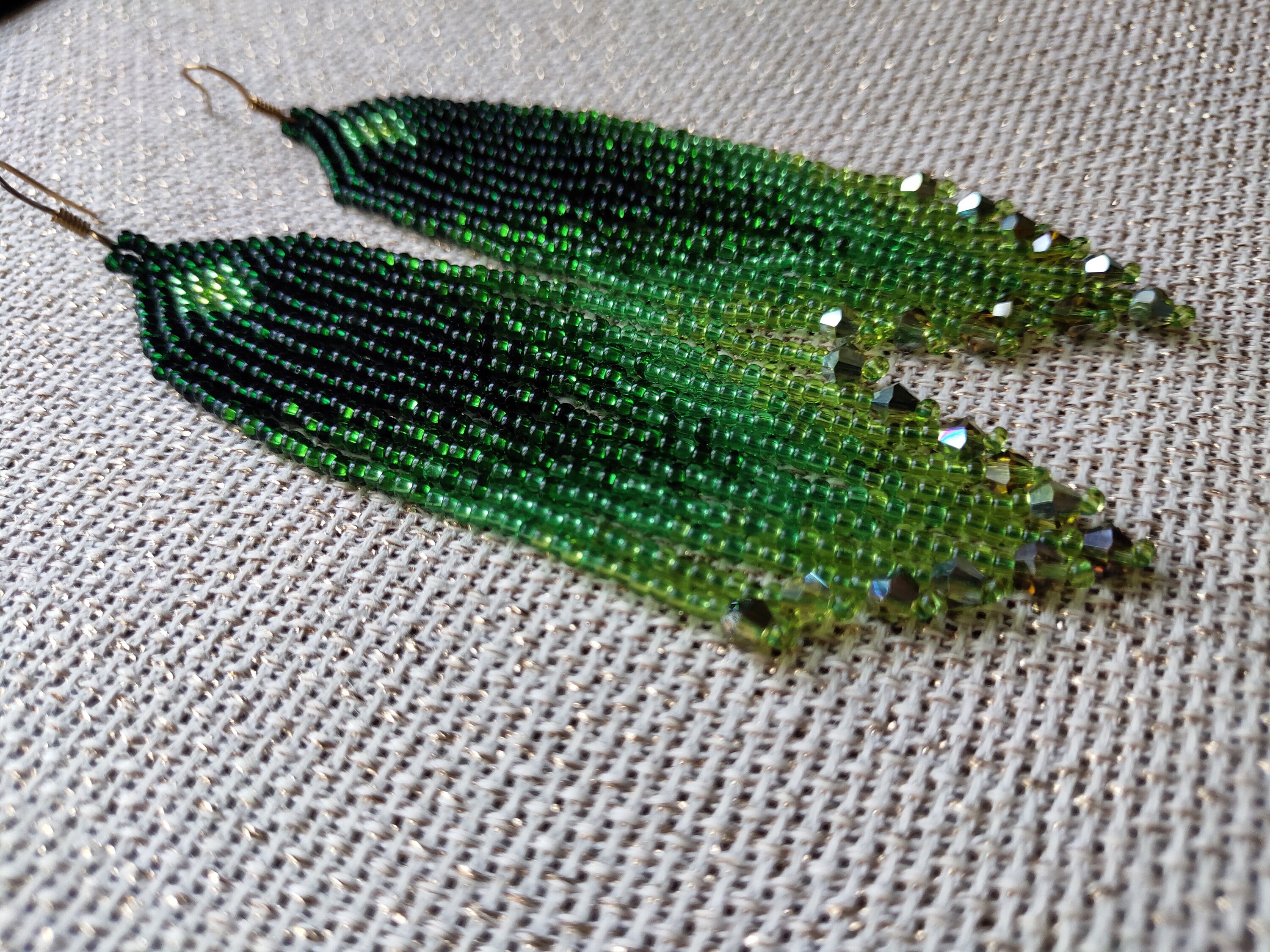 Green Bead Earrings, Long Seed Gradient, Long Ombre Earrings, Beaded ...