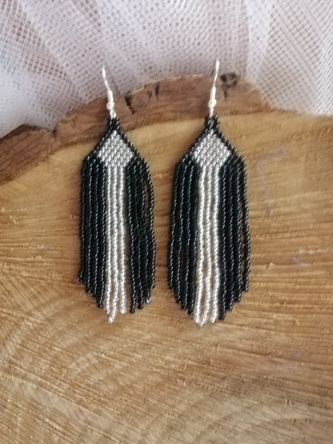 Black and Silver Bead Earrings, Geometric, Long Ombre Earrings, Beaded ...
