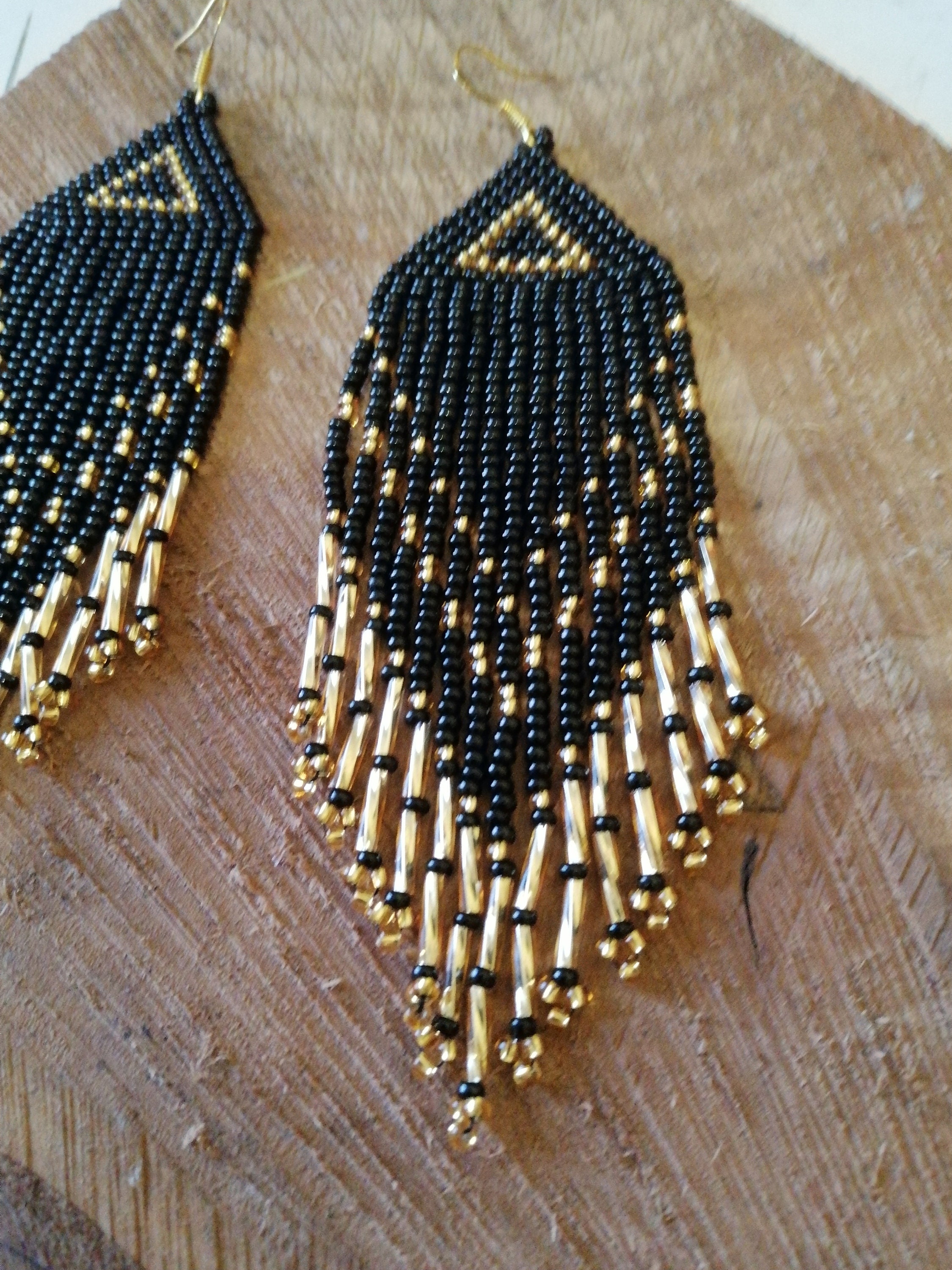 Black and Gold Bead Earrings, Long Seed Gradient, Geometric Earrings ...