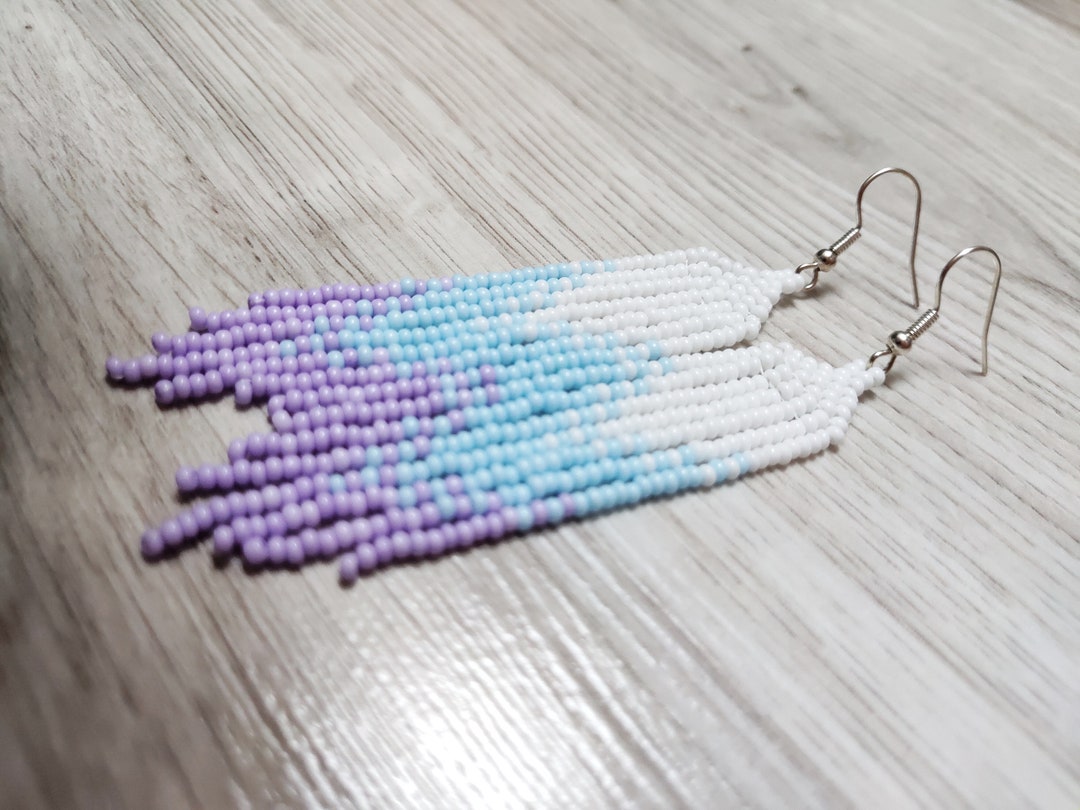 Light Blue, Light Purple and White Bead Earrings, Long Seed Gradient ...